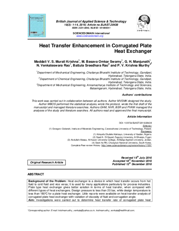 (PDF) Heat Transfer Enhancement in Corrugated Plate Heat Exchanger