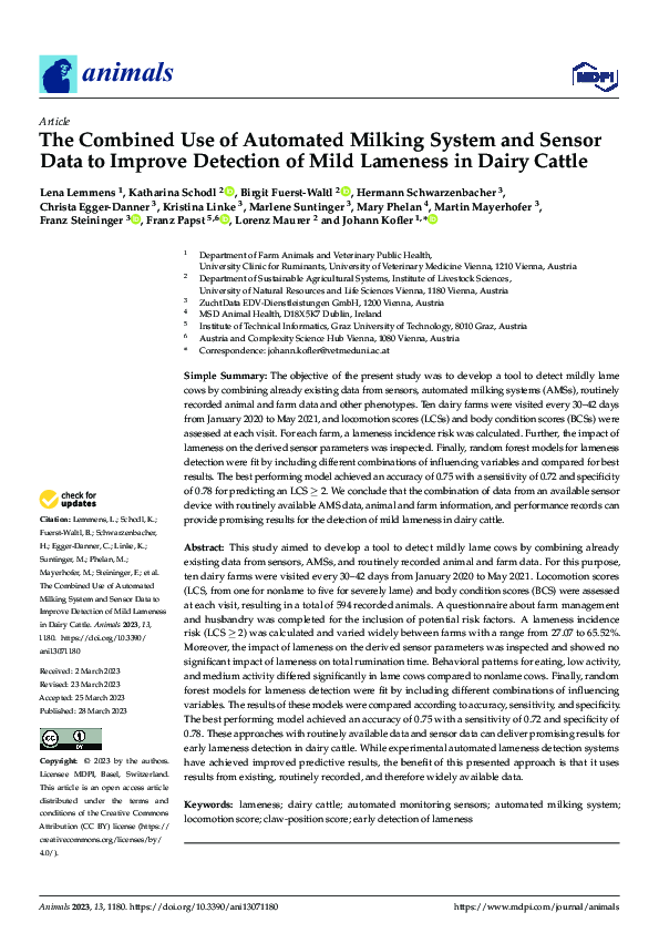 (PDF) The Combined Use of Automated Milking System and Sensor Data to Improve Detection of Mild ...