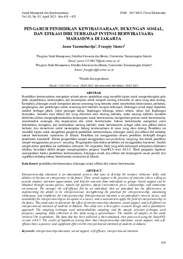 (PDF) Pengaruh Pendidikan Kewirausahaan, Dukungan Sosial, dan Efikasi Diri terhadap Intensi ...