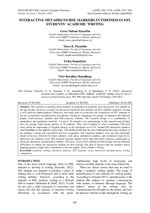 (PDF) Interactive Metadiscourse Markers in Indonesian Efl Students’ Academic Writing
