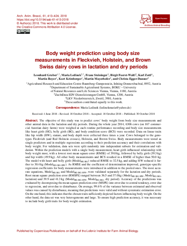 (PDF) Body weight prediction using body size measurements in Fleckvieh, Holstein, and Brown ...