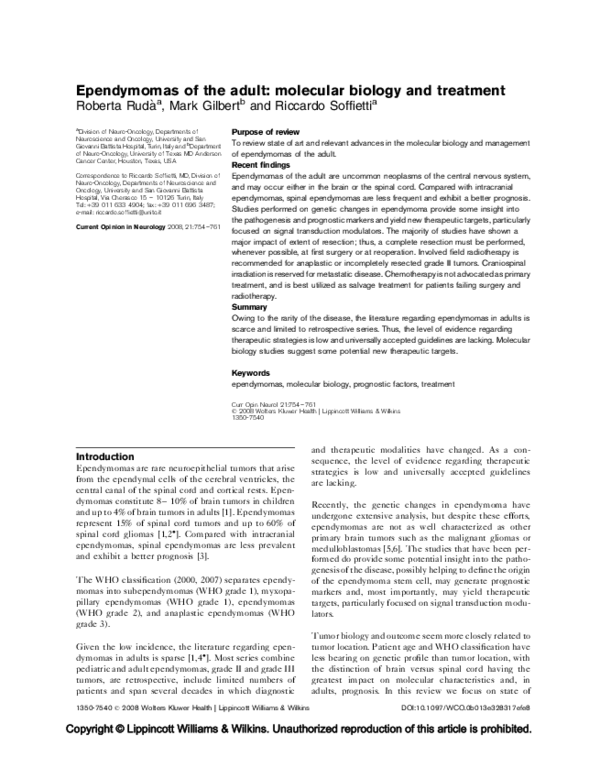 (PDF) Ependymomas of the adult: molecular biology and treatment