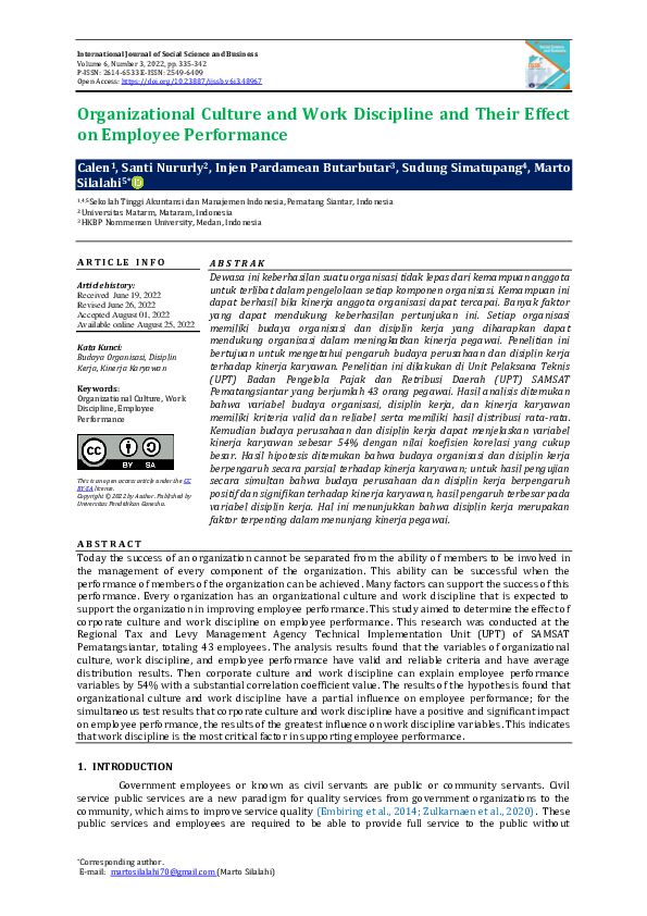 (PDF) Organizational Culture and Work Discipline and Their Effect on ...