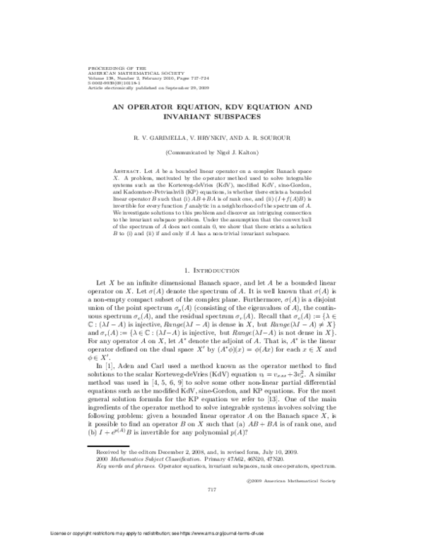 (PDF) An operator equation, KdV equation and invariant subspaces