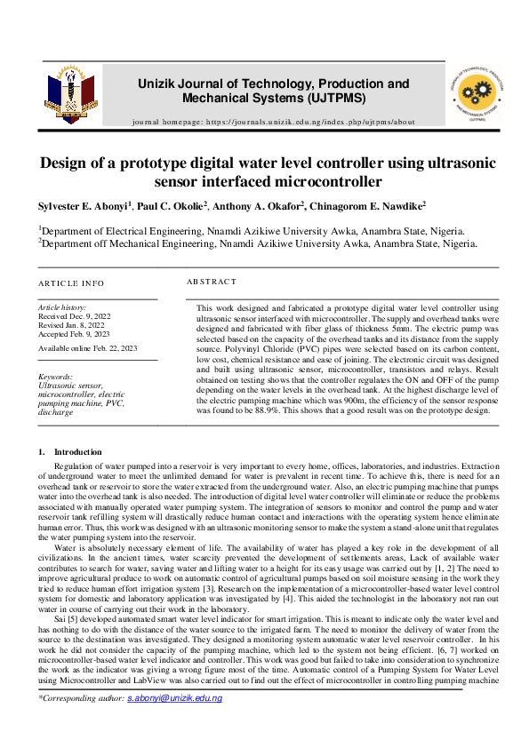 (PDF) Design of a prototype digital water level controller using ultrasonic sensor interfaced ...