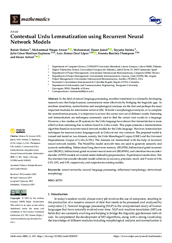 (PDF) Contextual Urdu Lemmatization Using Recurrent Neural Network Models