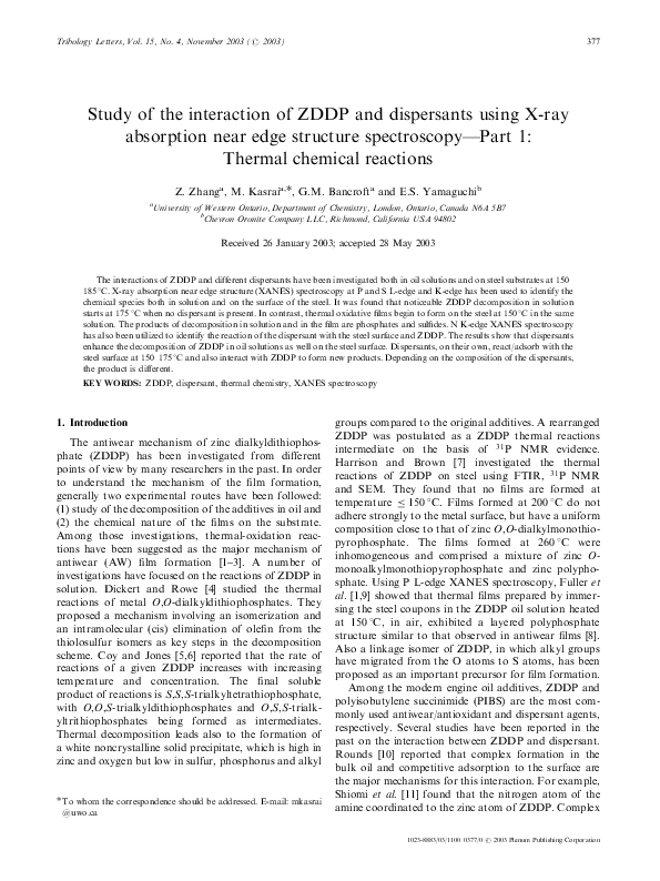 (PDF) Study of the Interaction of ZDDP and Dispersants Using X-ray ...