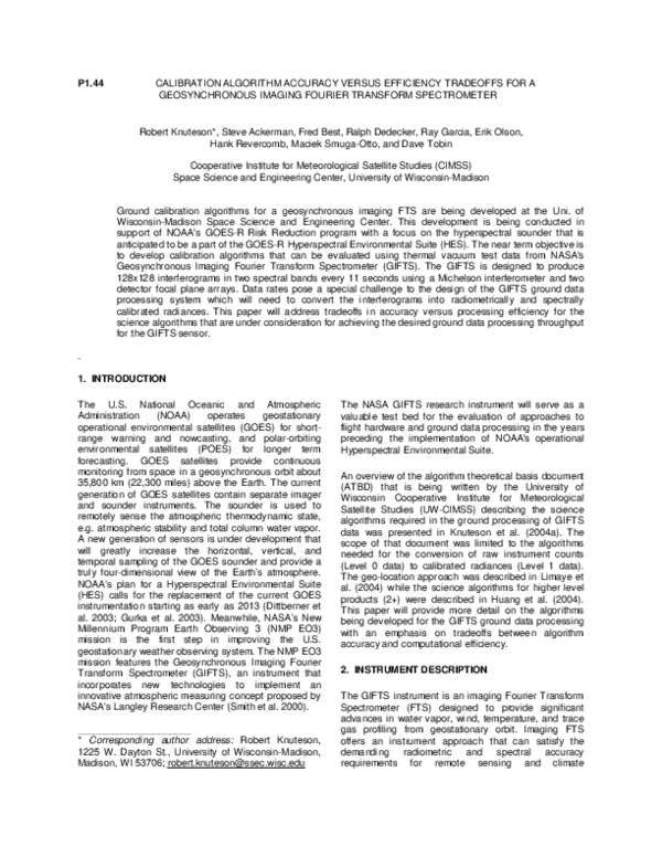 (PDF) P1.44 Calibration Algorithm Accuracy Versus Efficiency Tradeoffs for a Geosynchronous ...