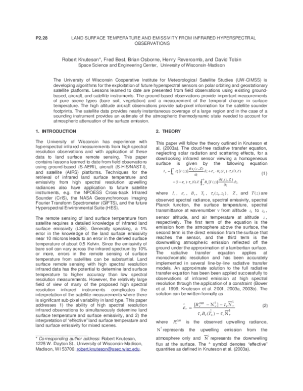 (PDF) P2.28 Land Surface Temperature and Emissivity from Infrared Hyperspectral Observations