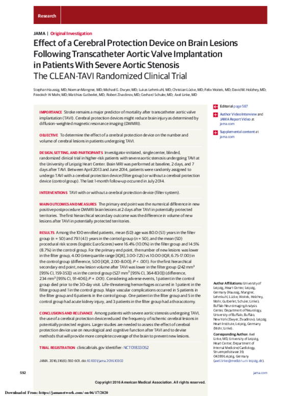 (PDF) Effect of a Cerebral Protection Device on Brain Lesions Following ...