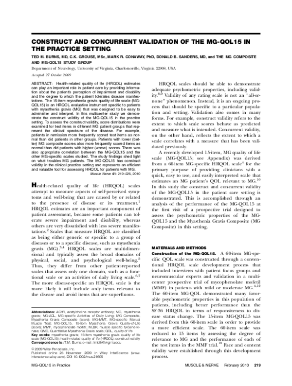 (PDF) Construct and concurrent validation of the MG-QOL15 in the ... (PDF) Construct and concurrent validation of the MG-QOL15 in the ...