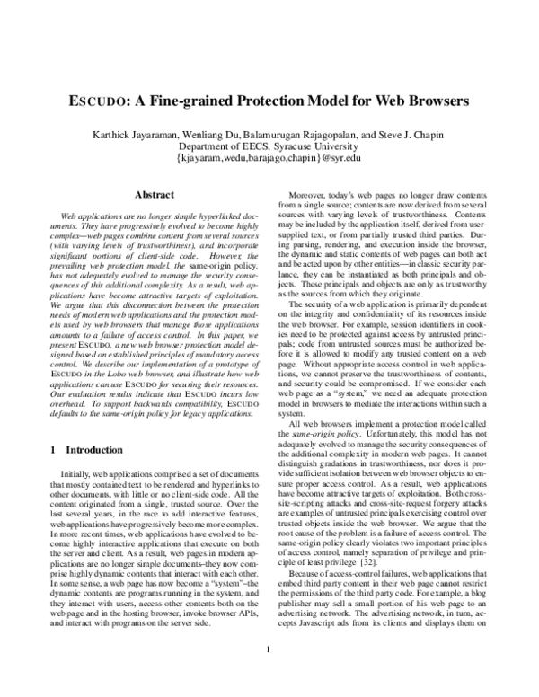 Pdf Escudo A Fine Grained Protection Model For Web Browsers