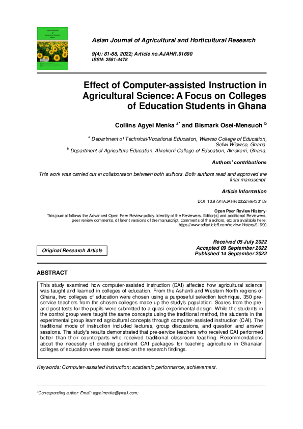 (PDF) Effect of Computer-assisted Instruction in Agricultural Science ...