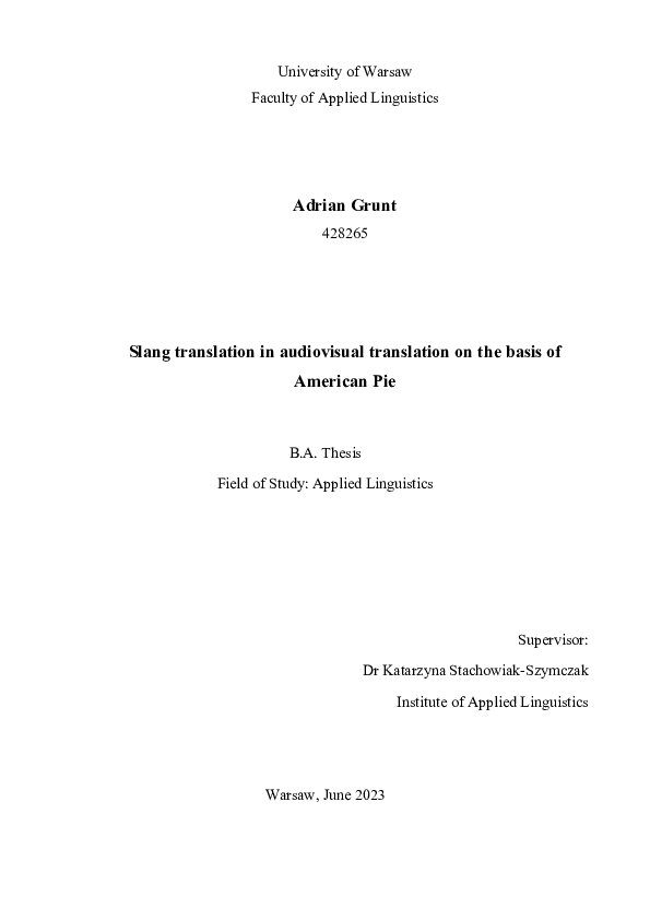 (PDF) Slang translation in Audiovisual Translation on the basis of American Pie - BA thesis ...