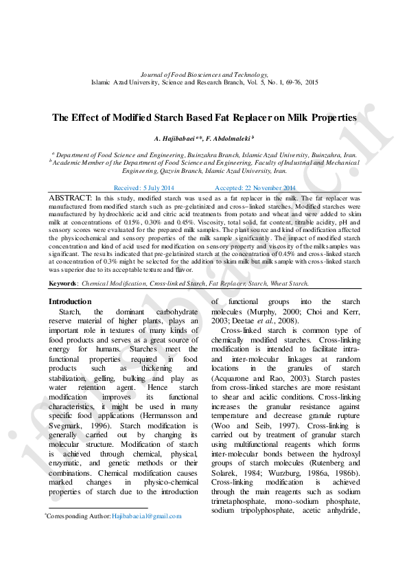 (PDF) The Effect of Modified Starch Based Fat Replacer on Milk Properties