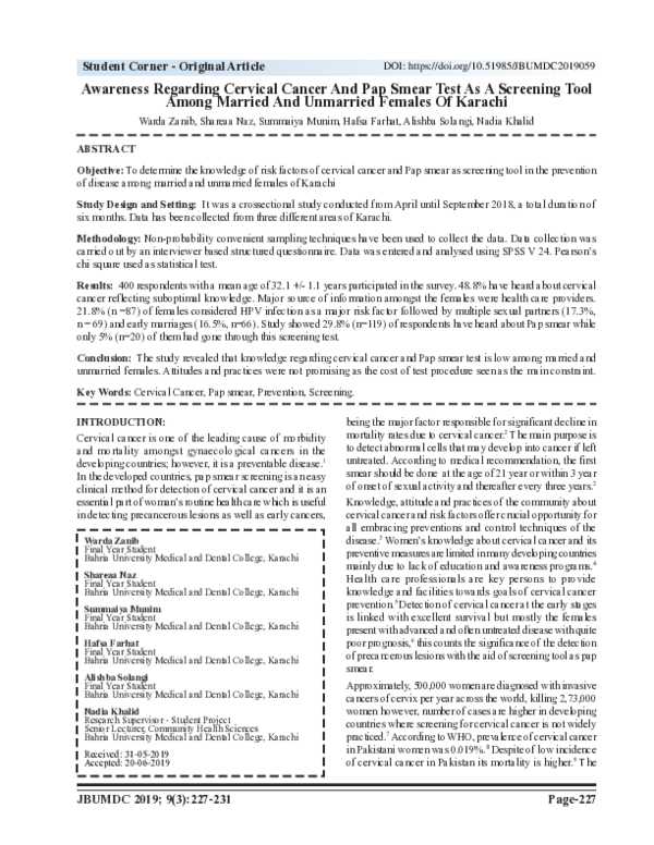 (PDF) Awareness Regarding Cervical Cancer And Pap Smear Test As A ...