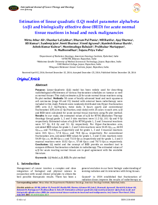 (PDF) Estimation of linear quadratic (LQ) model parameter alpha/beta (α/β) and biologically ...