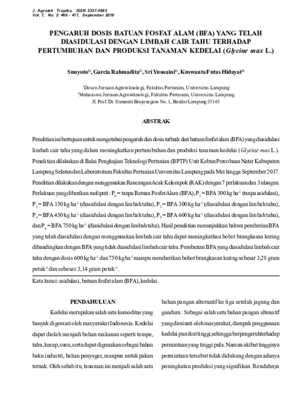 (PDF) PENGARUH DOSIS BATUAN FOSFAT ALAM (BFA) YANG TELAH DIASIDULASI DENGAN LIMBAH CAIR TAHU ...