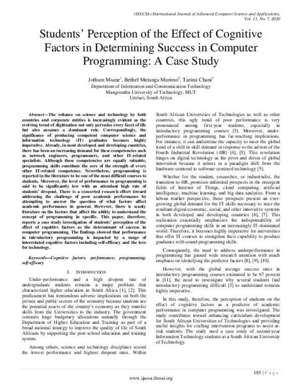 (PDF) Students’ Perception of the Effect of Cognitive Factors in Determining Success in Computer ...