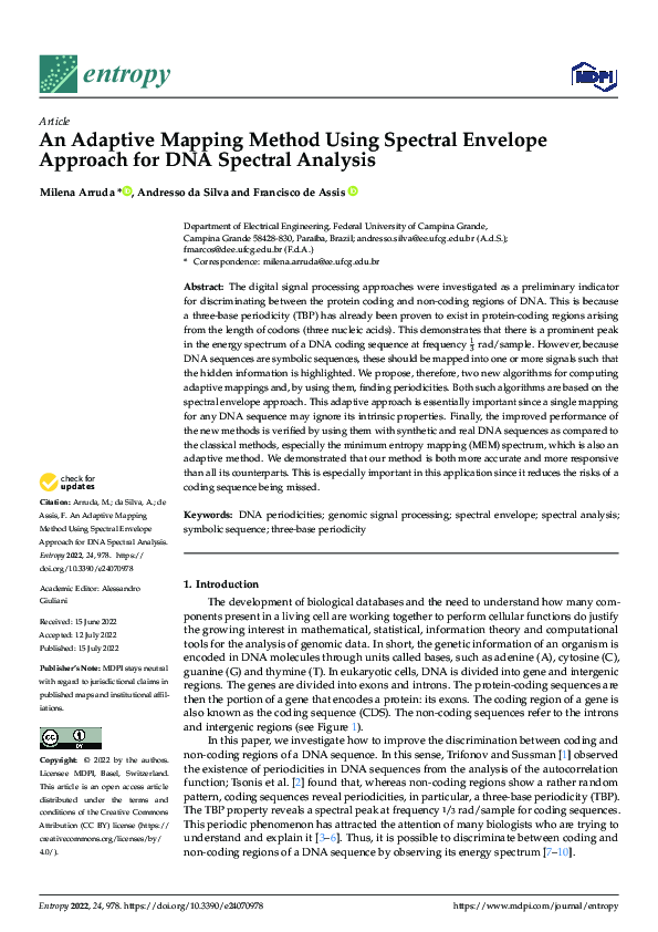 (PDF) An Adaptive Mapping Method Using Spectral Envelope Approach for DNA Spectral Analysis ...