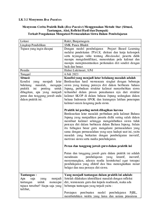 (DOC) LK 3.1 Menyusun Best Practice Menggunakan Metode Star
