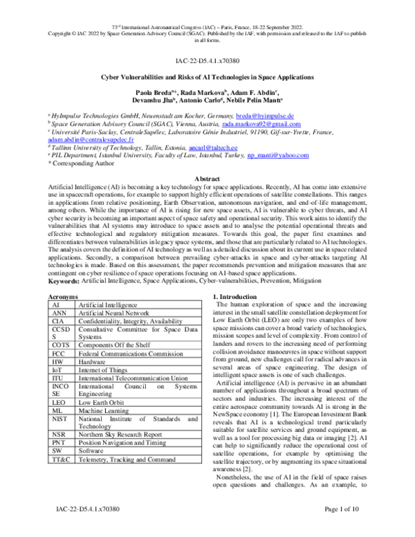 Pdf Cyber Vulnerabilities And Risks Of Ai Technologies In Space Applications