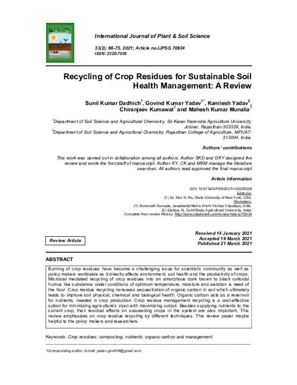 (PDF) Recycling of Crop Residues for Sustainable Soil Health Management: A Review