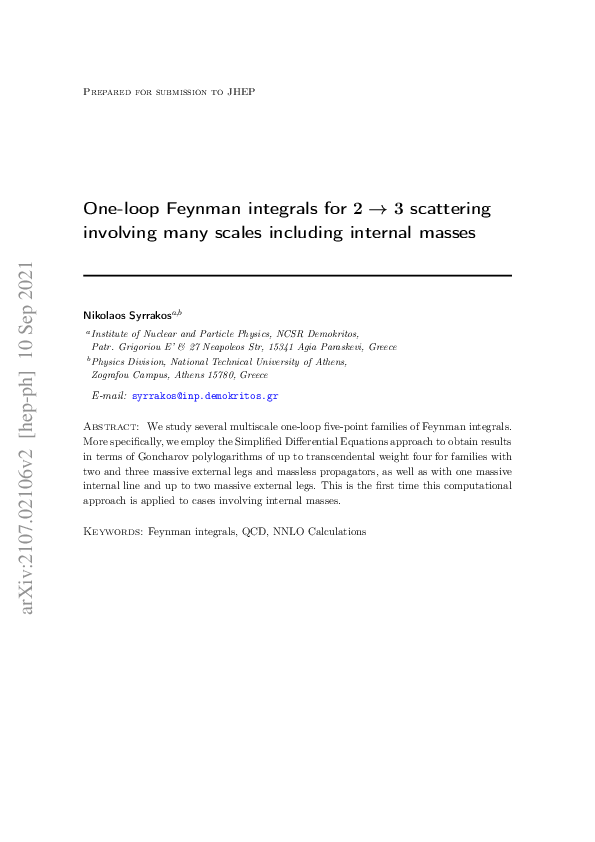 (PDF) One-loop Feynman integrals for 2 → 3 scattering involving many scales including internal ...