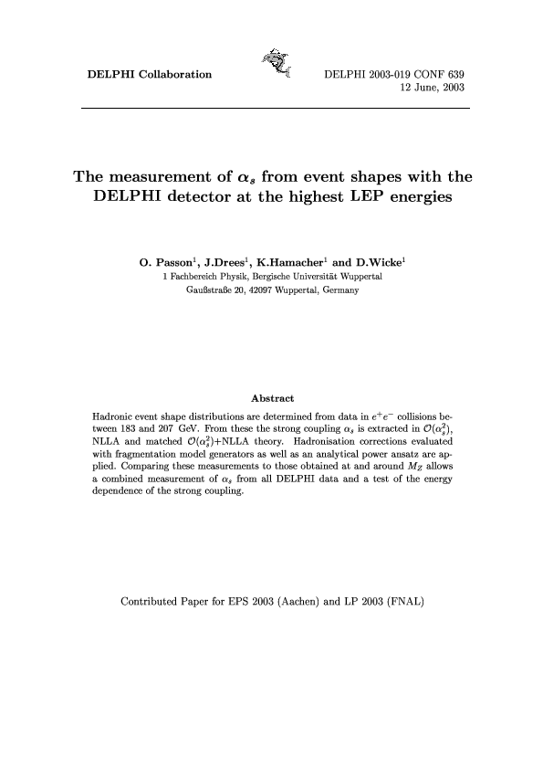 (PDF) The measurement of $\alpha_s$ from event shapes with the DELPHI detector at the highest ...
