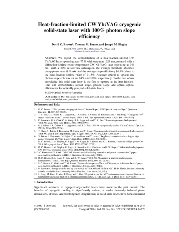 (PDF) Heat-fraction-limited CW Yb:YAG cryogenic solid-state laser with ...