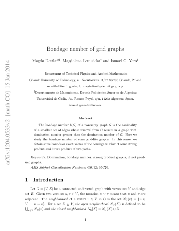 (PDF) Bondage number of grid graphs
