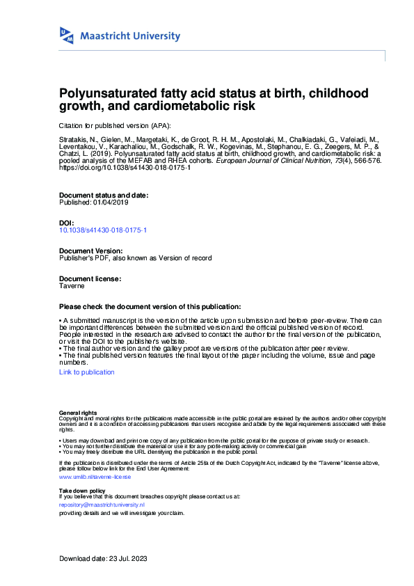 (PDF) Polyunsaturated fatty acid status at birth, childhood growth, and cardiometabolic risk: a ...