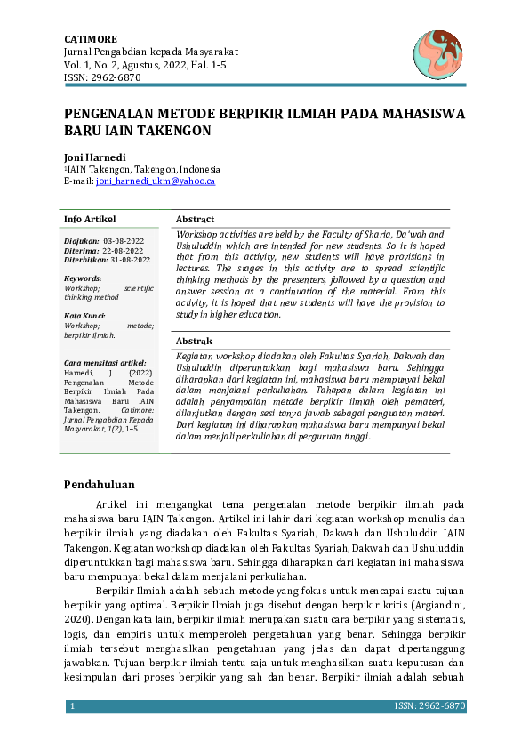 (PDF) Pengenalan Metode Berpikir Ilmiah Pada Mahasiswa Baru Iain Takengon (PDF) Pengenalan Metode Berpikir Ilmiah Pada Mahasiswa Baru Iain Takengon