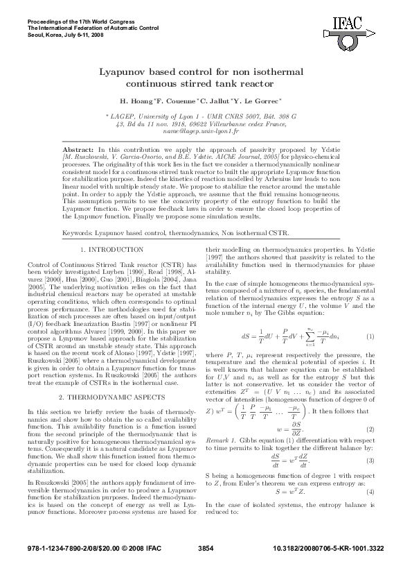 (PDF) Lyapunov based control for non isothermal continuous stirred tank reactor