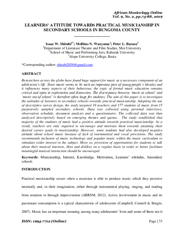 (PDF) Learners’ Attitude Towards Practical Musicianship in Secondary Schools in Bungoma County