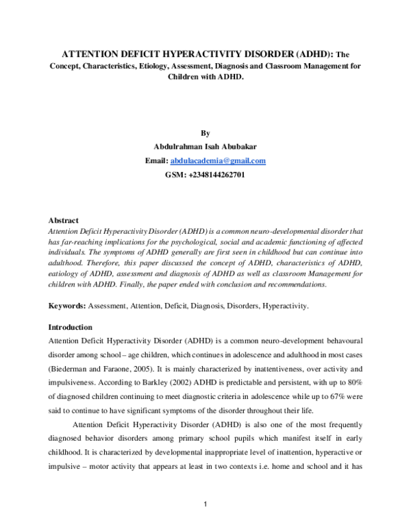 (PDF) ATTENTION DEFICIT HYPERACTIVITY DISORDER (ADHD): The Concept, Characteristics, Etiology ...