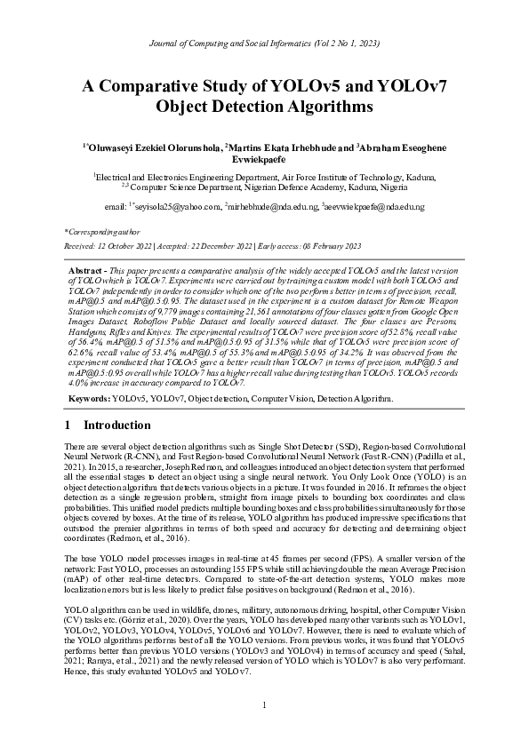(PDF) A Comparative Study of YOLOv5 and YOLOv7 Object Detection Algorithms