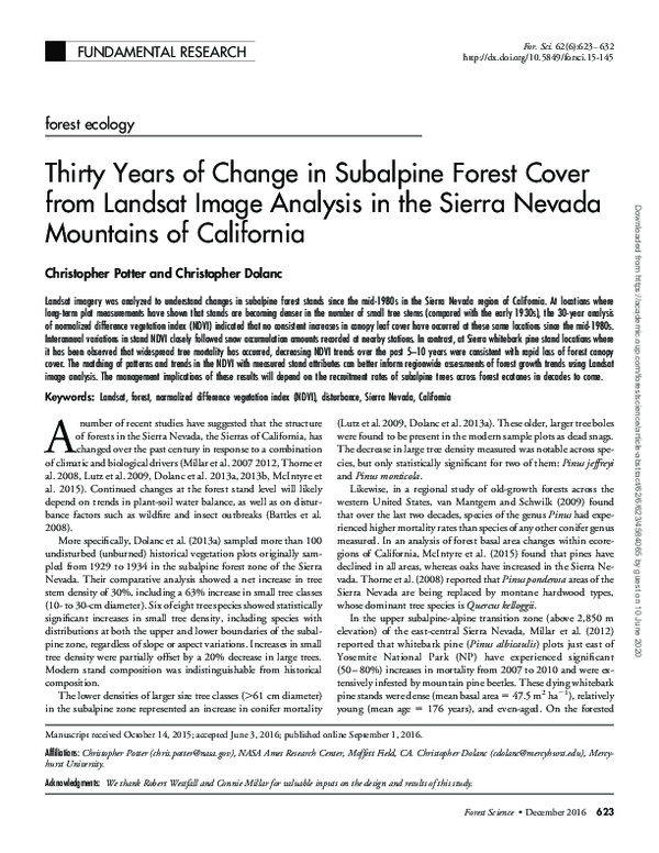 (PDF) Thirty Years of Change in Subalpine Forest Cover from Landsat ...