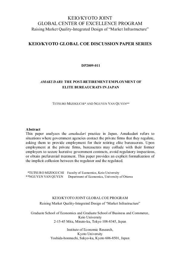 (PDF) Amakudari: The Post-Retirement Employment of Elite Bureaucrats in ...
