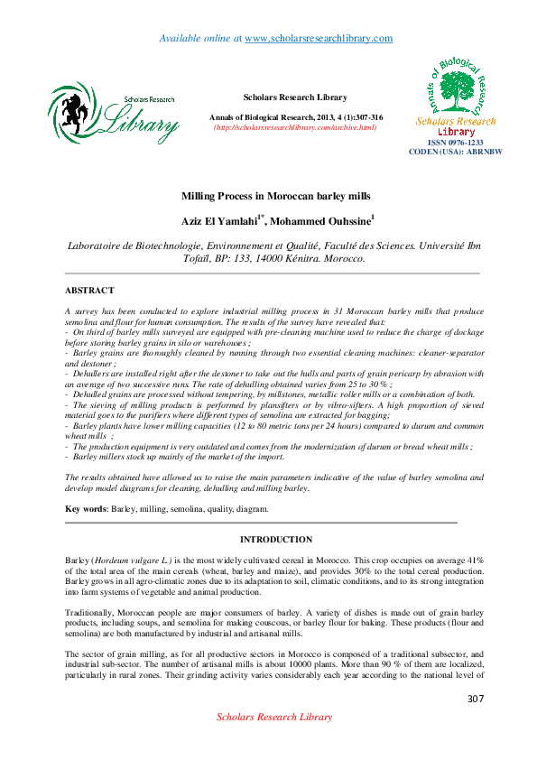 (PDF) Milling Process in Moroccan barley mills