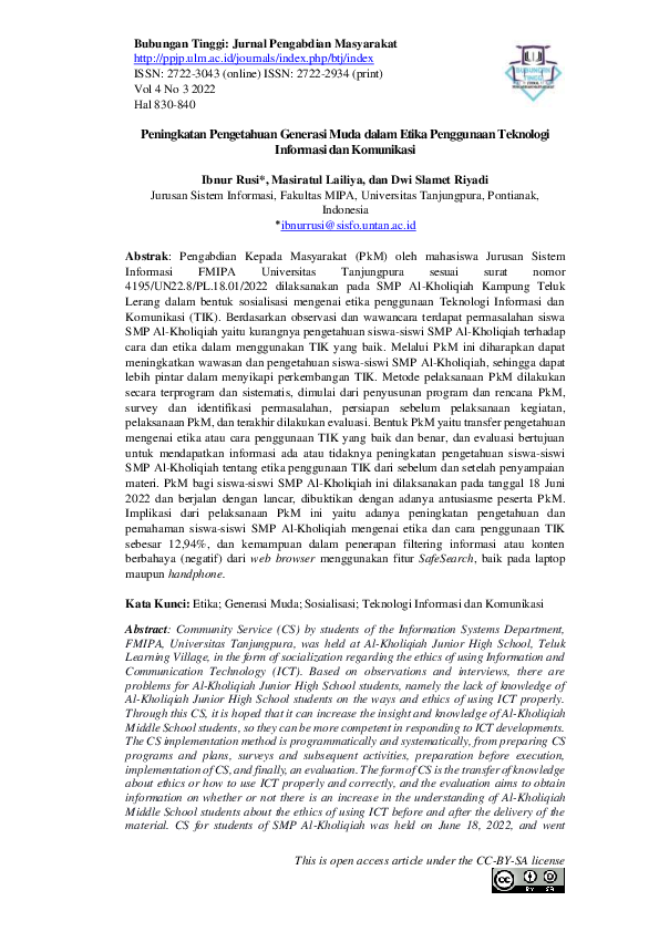 (PDF) Peningkatan Pengetahuan Generasi Muda dalam Etika Penggunaan Teknologi Informasi dan ...