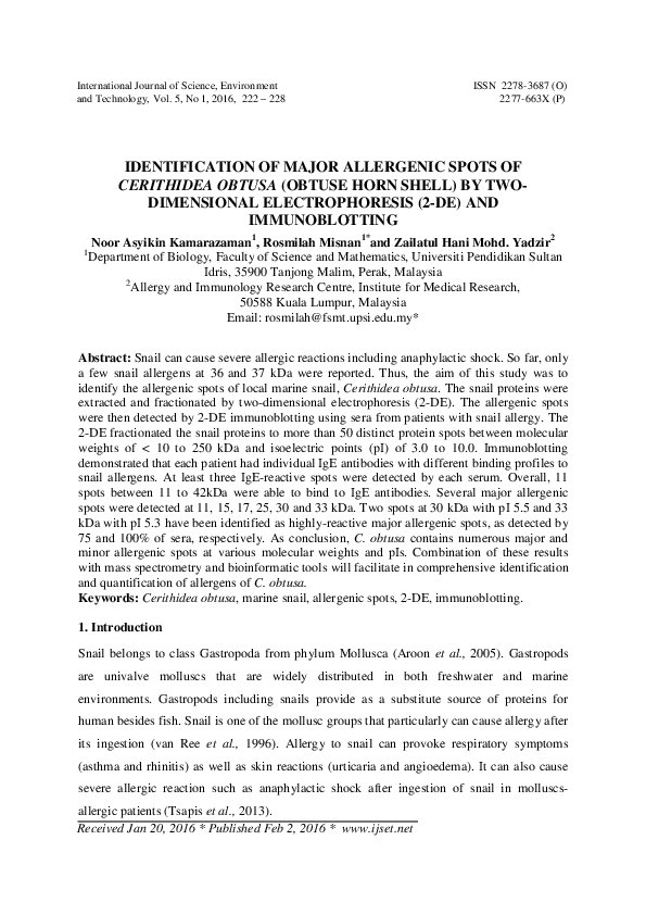 (PDF) Identification of Major Allergenic Spots of Cerithidea Obtusa ( Obtuse Horn Shell ) by Two ...