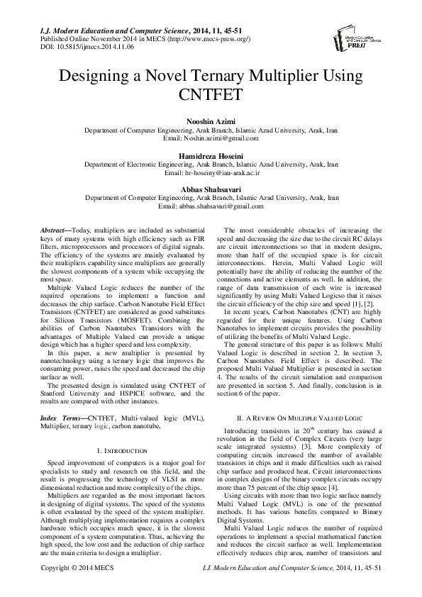 Pdf Designing A Novel Ternary Multiplier Using Cntfet