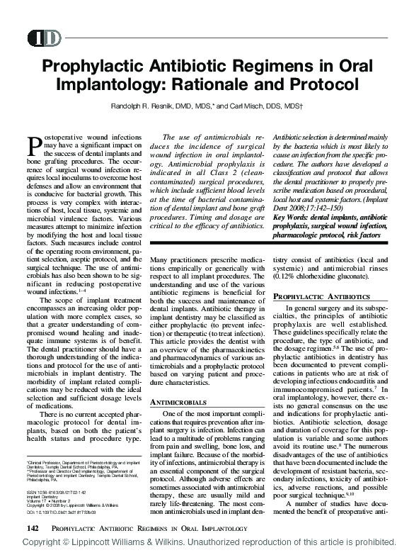 (PDF) Prophylactic Antibiotic Regimens in Oral Implantology: Rationale ...