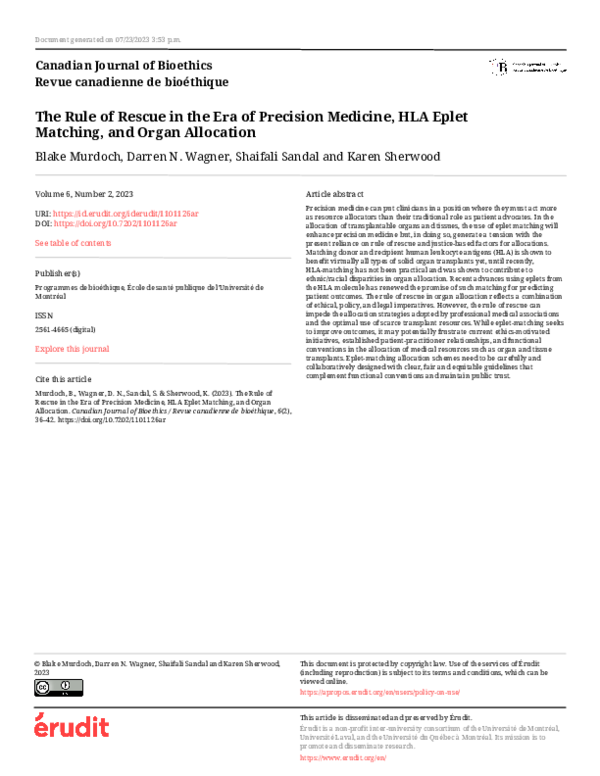 (PDF) The Rule of Rescue in the Era of Precision Medicine, HLA Eplet ...
