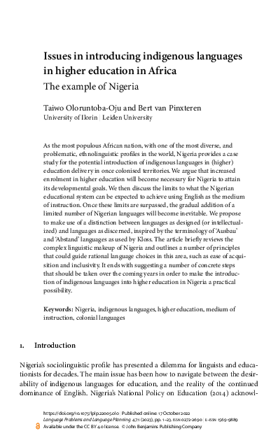 (PDF) Issues in introducing indigenous languages in higher education in Africa