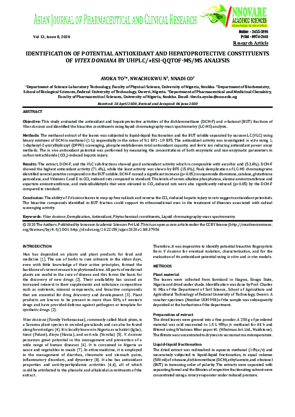 (PDF) Identification of Potential Antioxidant and Hepatoprotective Constituents of Vitex Doniana ...