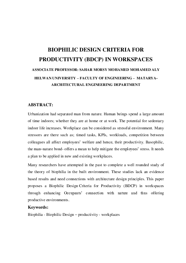 (PDF) BIOPHILIC DESIGN CRITERIA FOR PRODUCTIVITY (BDCP) IN WORKSPACES