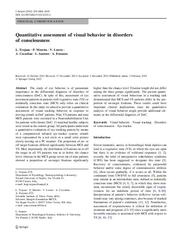 (PDF) Quantitative assessment of visual behavior in disorders of consciousness