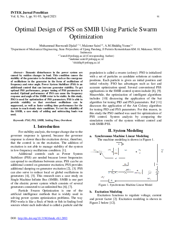 Pdf Optimal Design Of Pss On Smib Using Particle Swarm Optimization